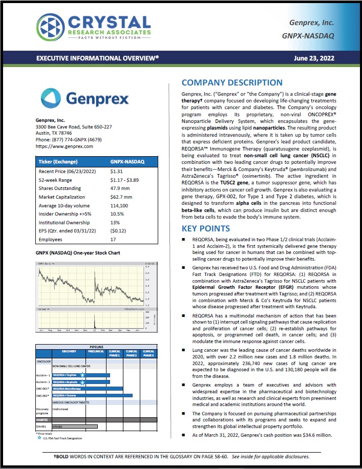 Genprex, Inc. | Independent Equity Research | Crystal Research Associates