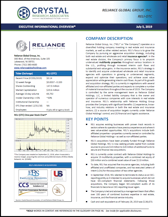 New Research Released on Reliance Global Group, Inc. (RELI-OTC)